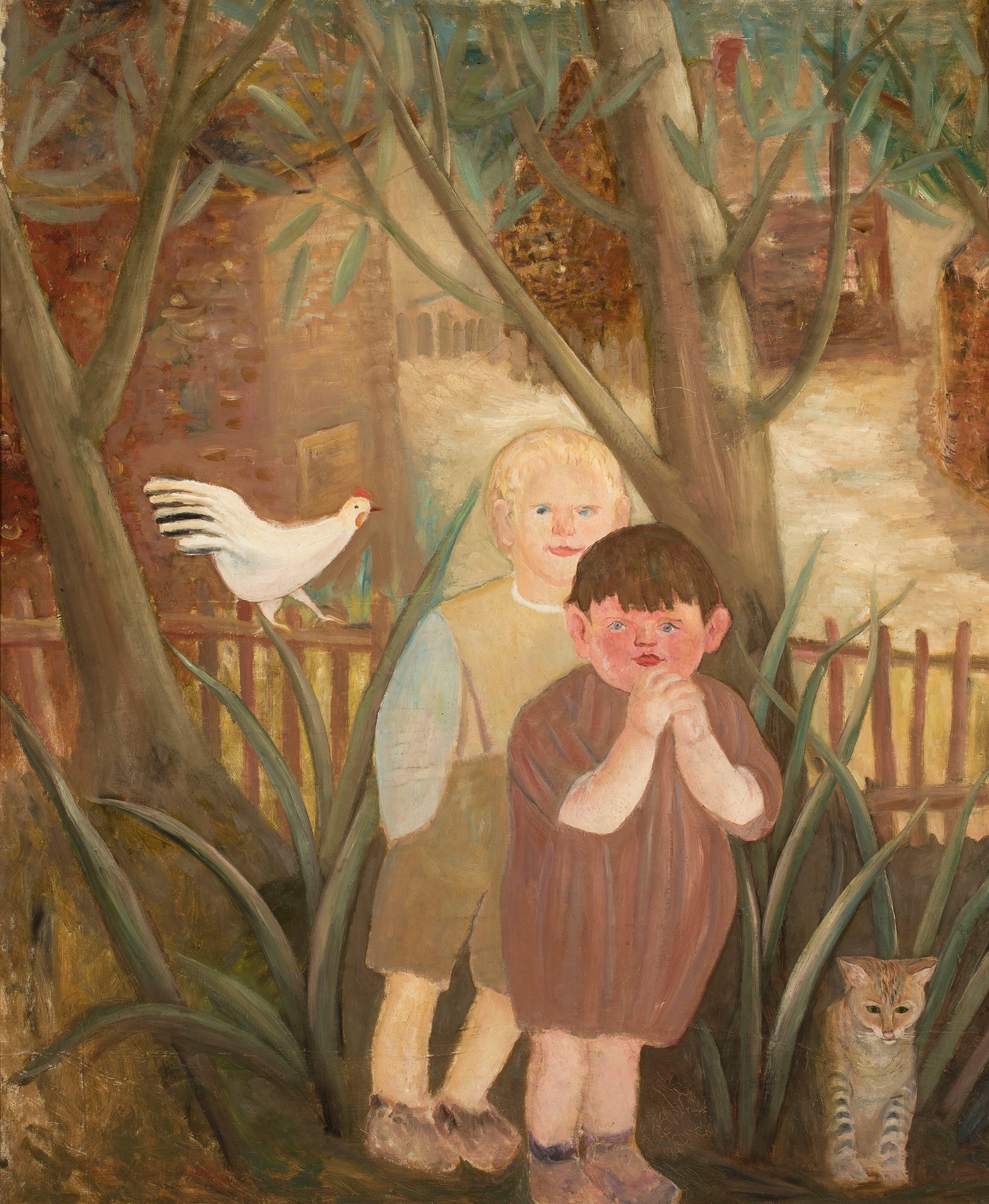 Two children with a cat - Artvee