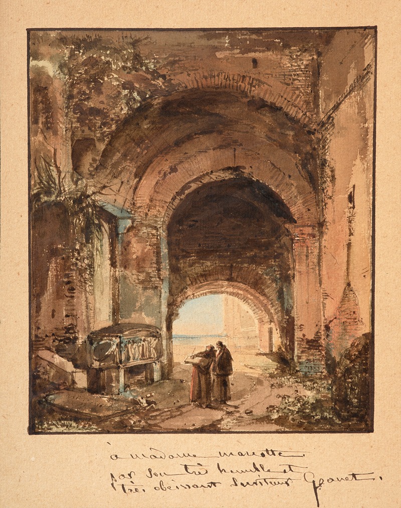 Two monks in front of an ancient tomb under Roman arcades - Artvee