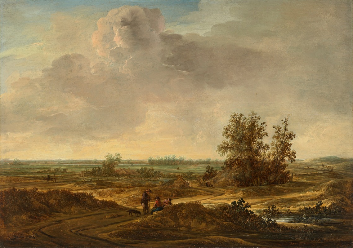 A dune landscape with three travelers and a dog at rest by Jacob Van Moscher - Artvee