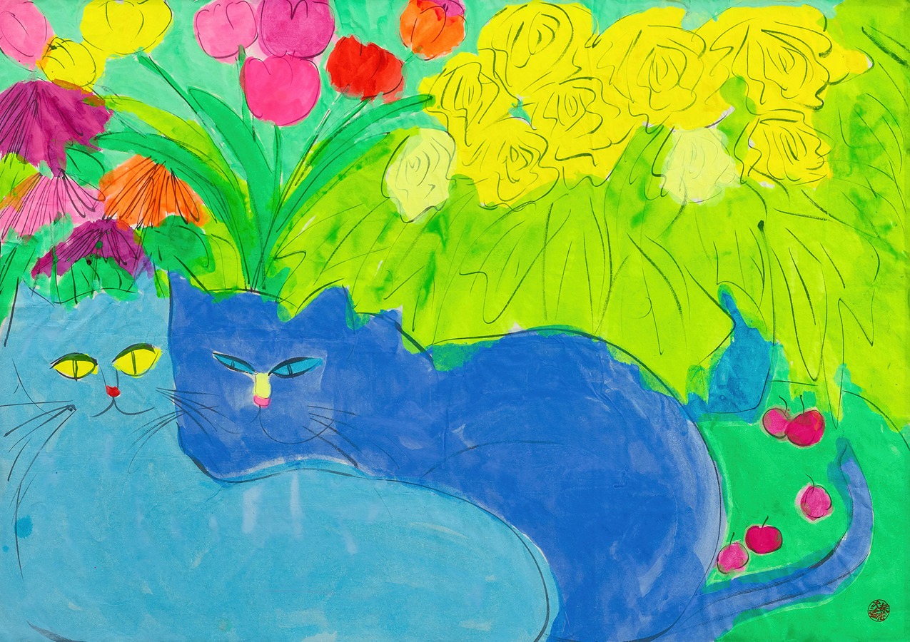 Two cats by Walasse Ting - Artvee