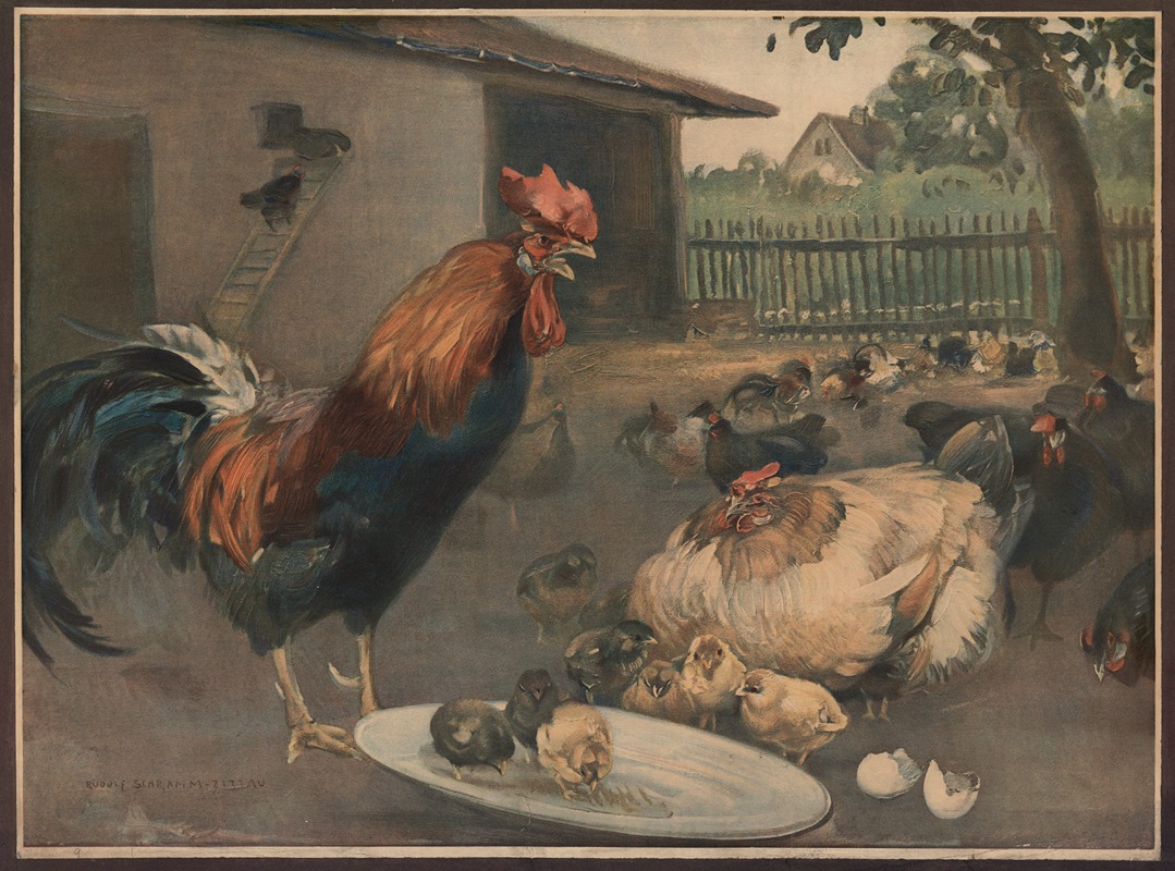 Rooster, hen and chickens - Artvee