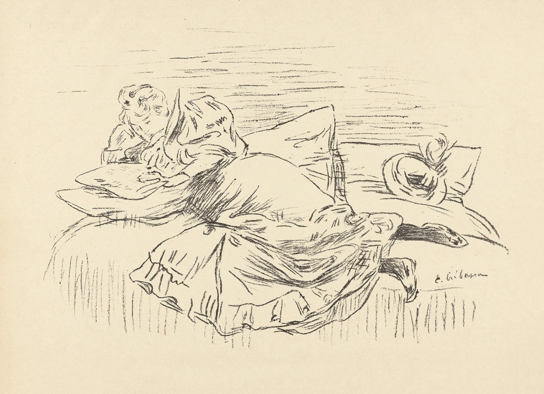 Reading woman lying on bed - Artvee