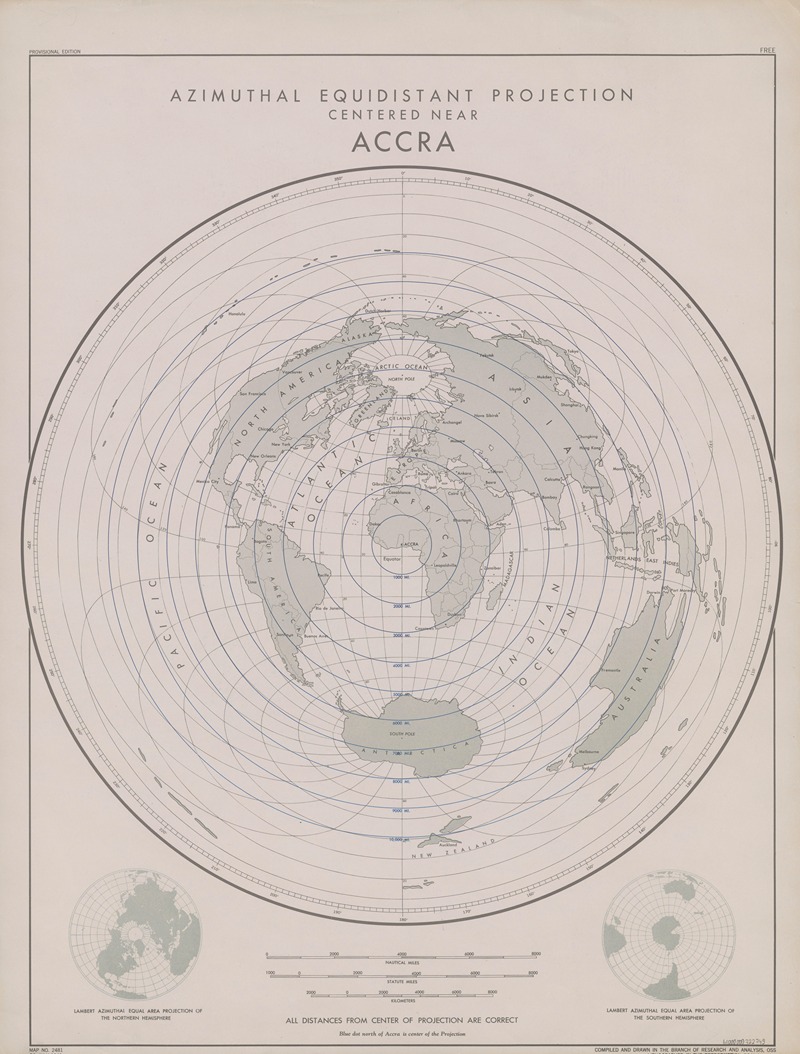Azimuthal equidistant projection centered near Accra - Artvee