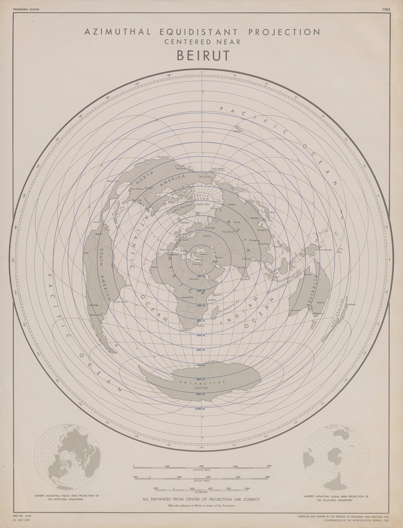 Azimuthal equidistant projection centered near Beirut - Artvee