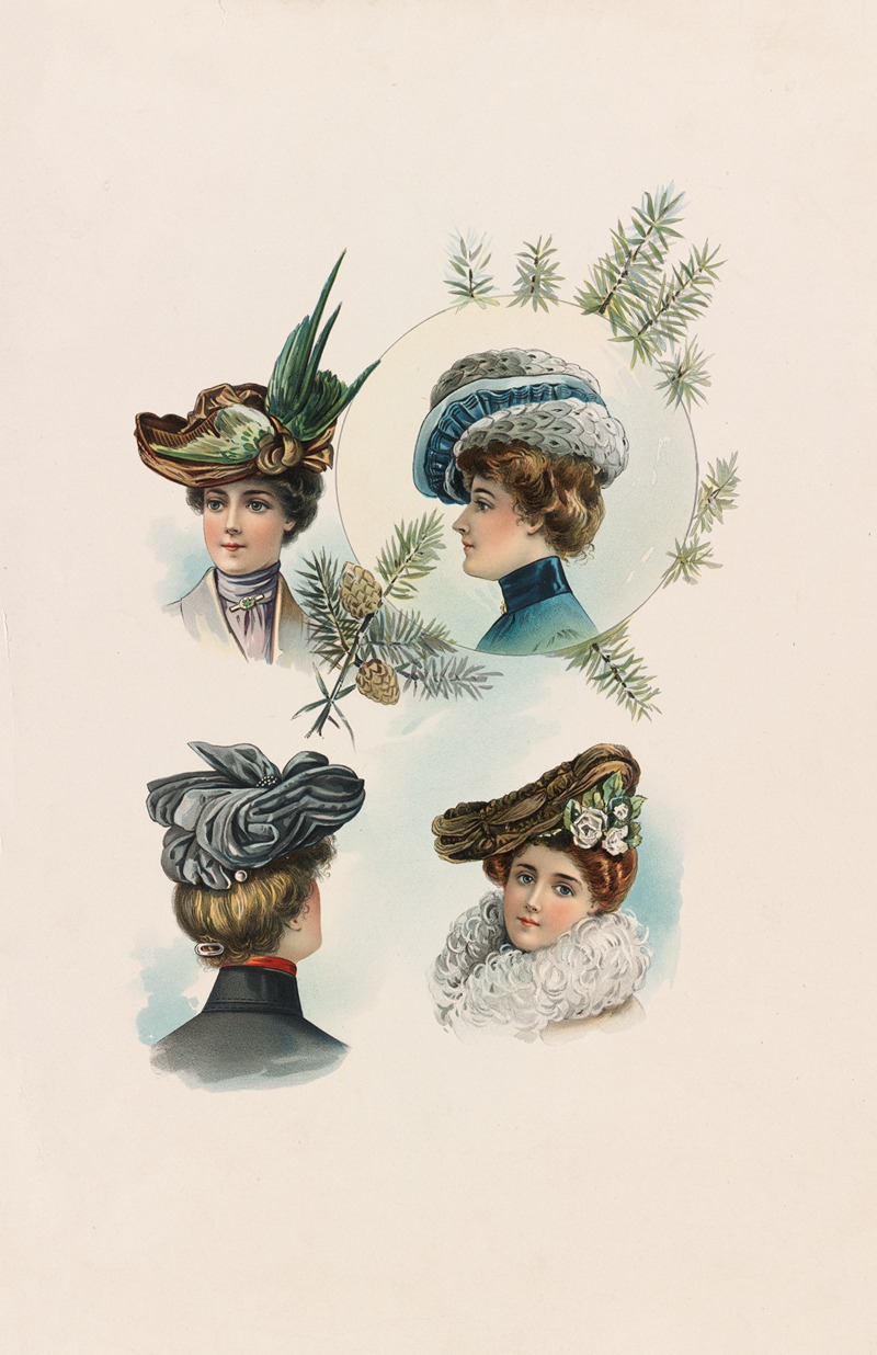 Four portraits of women in hats - Artvee