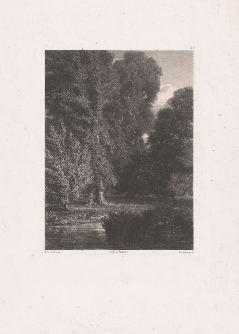 Forest landscape with a figure under a tree by the water - Artvee