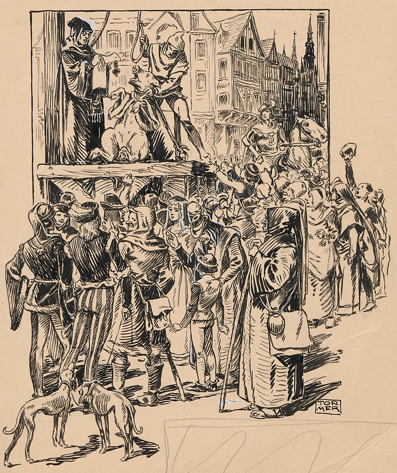 Medieval motif. An executioner prepares to hang a pig dressed in a robe ...