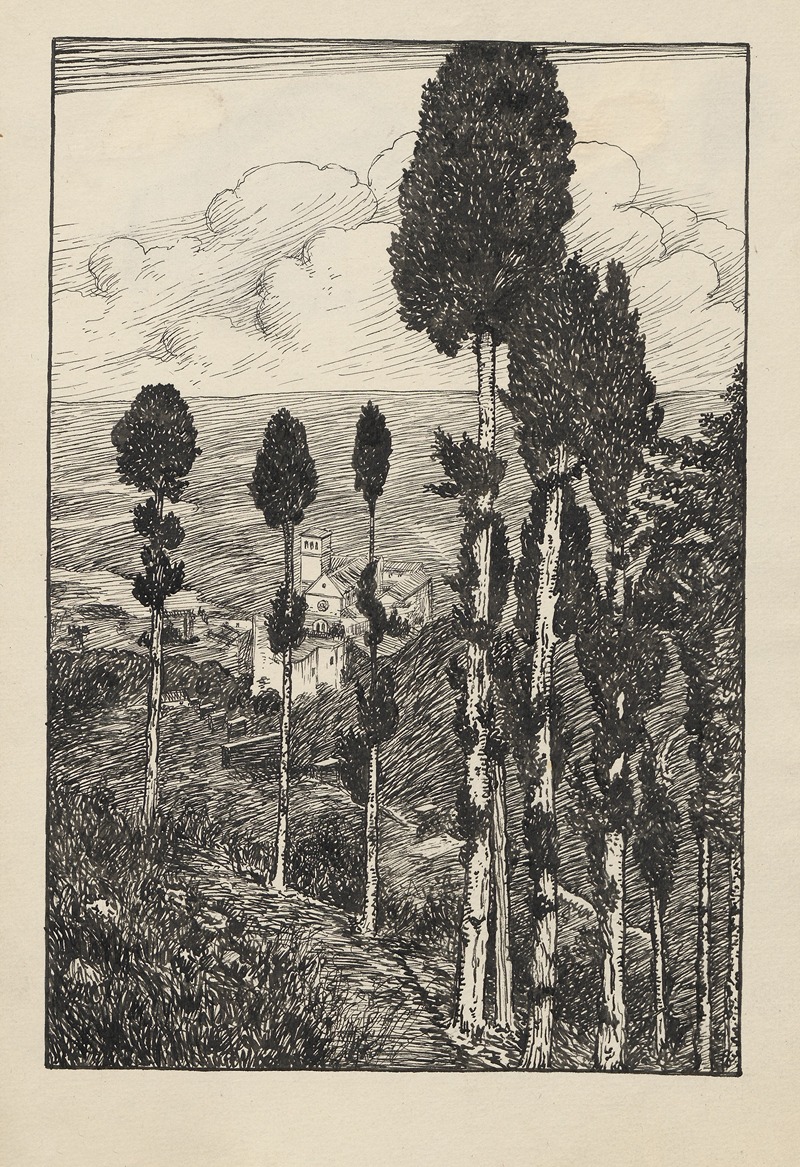 Tall trees are seen on a slope - Artvee